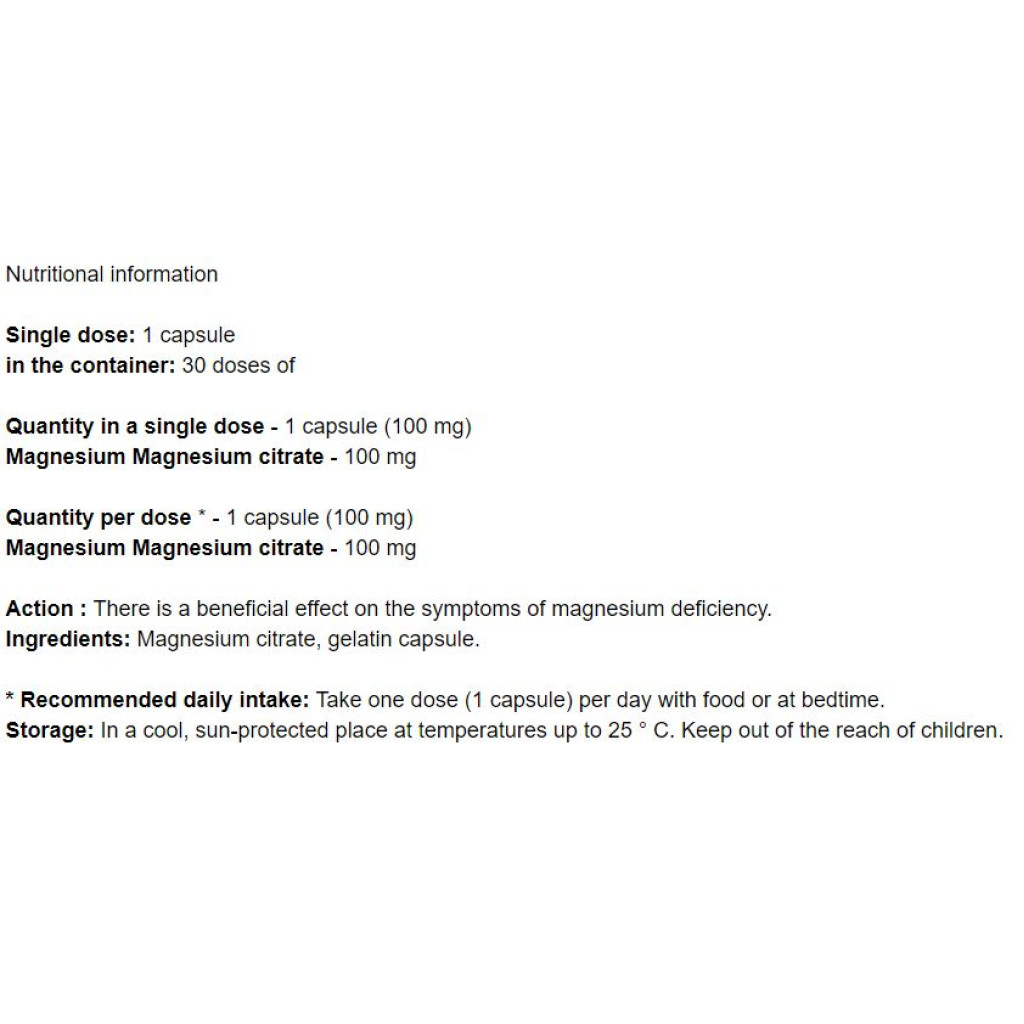 Магнезиев цитрат VETITA HERBAL Magnesium Citrate 100mg, 30 Caps